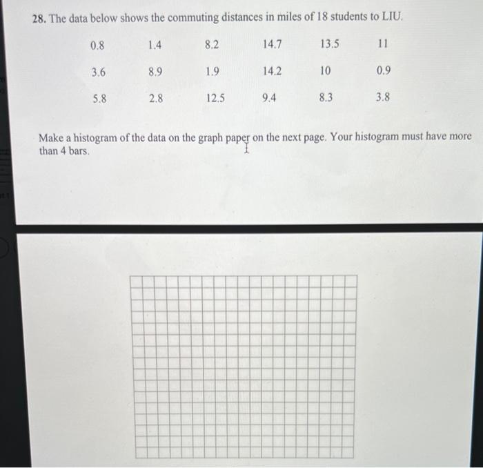 Solved 28. The data below shows the commuting distances in | Chegg.com