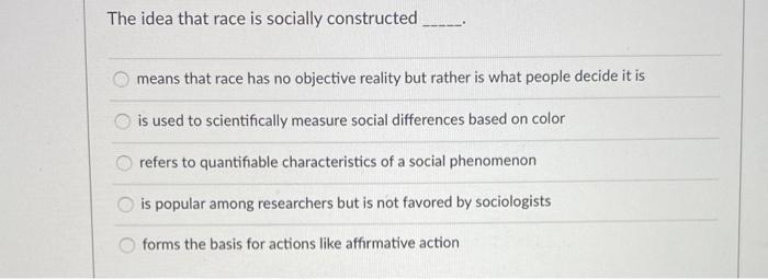 Solved The idea that race is socially constructed means that | Chegg.com