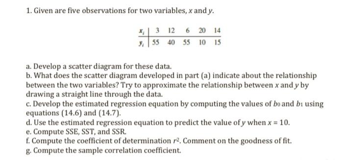 Solved 1. Given are five observations for two variables, x | Chegg.com