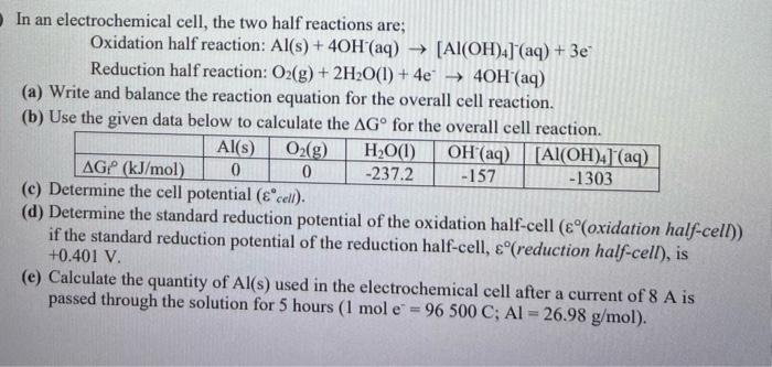 Solved In an electrochemical cell, the two half reactions | Chegg.com