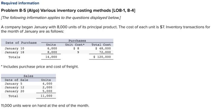 Solved Problem 8-5 (Algo) Various inventory costing methods | Chegg.com