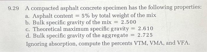 Solved 9.29 A compacted asphalt concrete specimen has the | Chegg.com