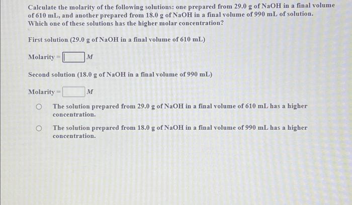 Solved Calculate the molarity of the following solutions: | Chegg.com