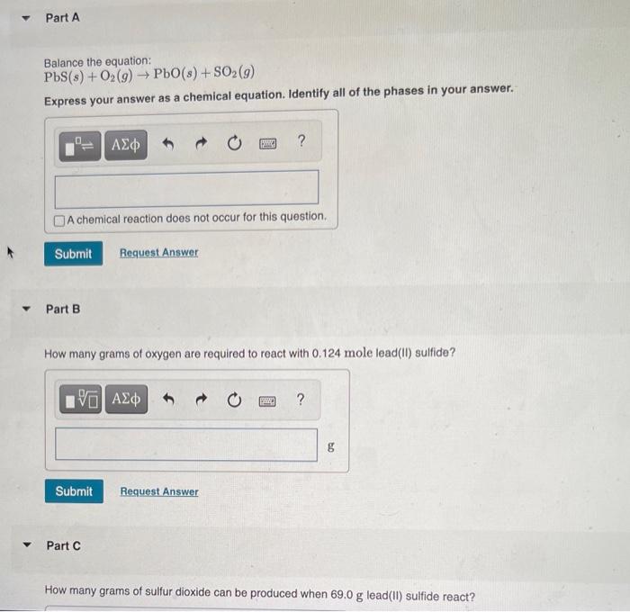 Solved Balance the equation: PbS(s)+O2(g)→PbO(s)+SO2(g) | Chegg.com