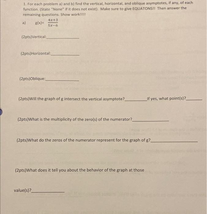 Solved 1. For each problem a) and b) find the vertical, | Chegg.com