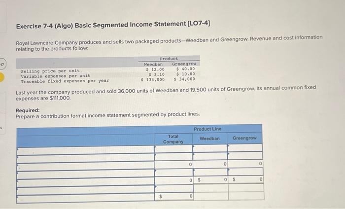 Solved Exercise 7.4 (Algo) Basic Segmented Income Statement | Chegg.com