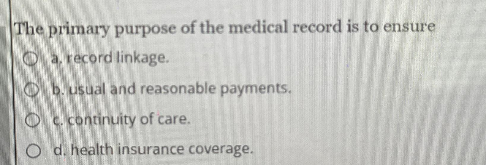 Solved The primary purpose of the medical record is to | Chegg.com