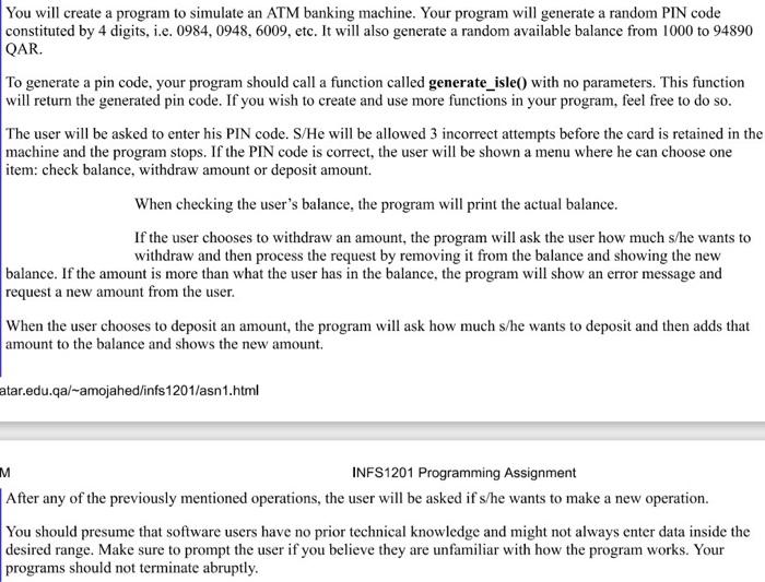 Solved You will create a program to simulate an ATM banking | Chegg.com