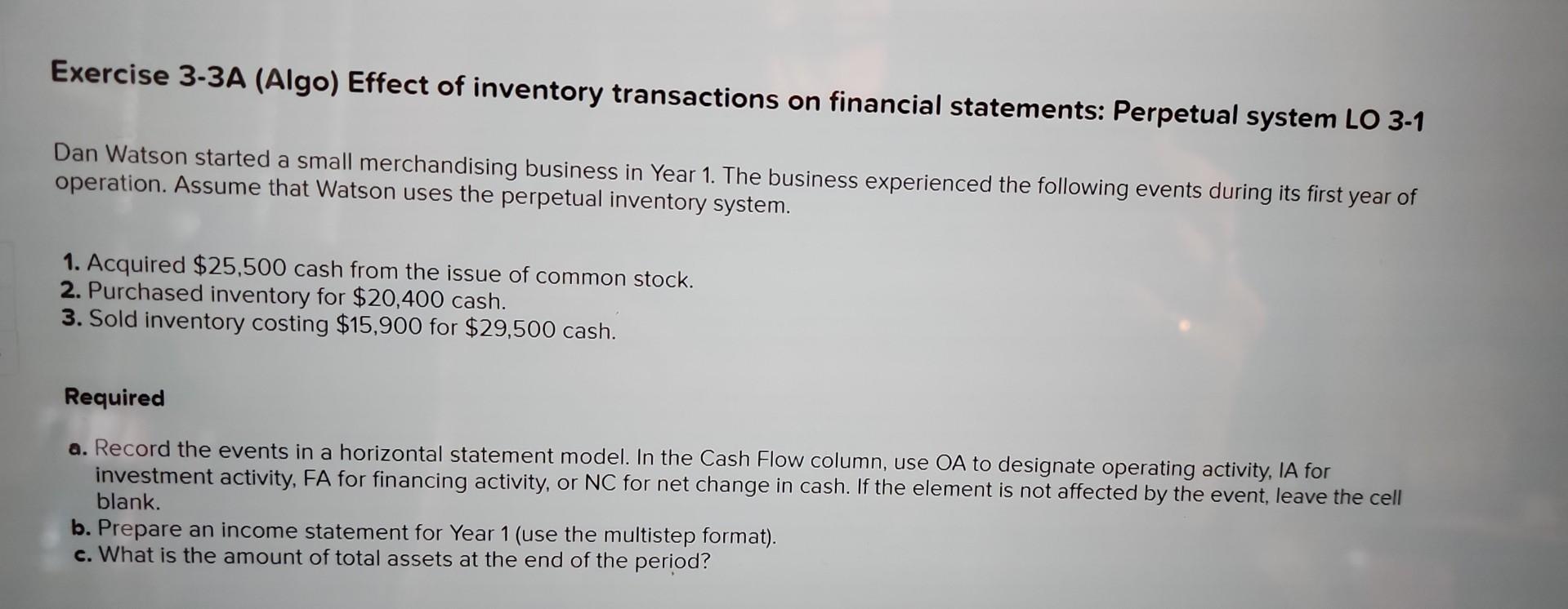 Solved Exercise 3-3A (Algo) Effect of inventory transactions | Chegg.com