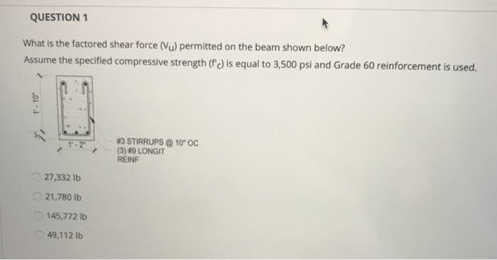 Solved QUESTION 1 What is the factored shear force (Vu) | Chegg.com