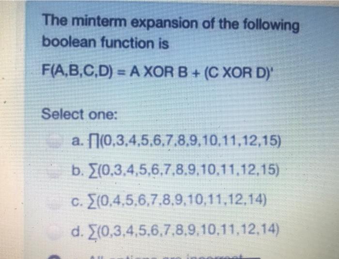Solved The minterm expansion of the following boolean | Chegg.com