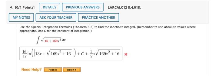 Solved Use the Special Integration Formulas (Theorem 8.2) to | Chegg.com