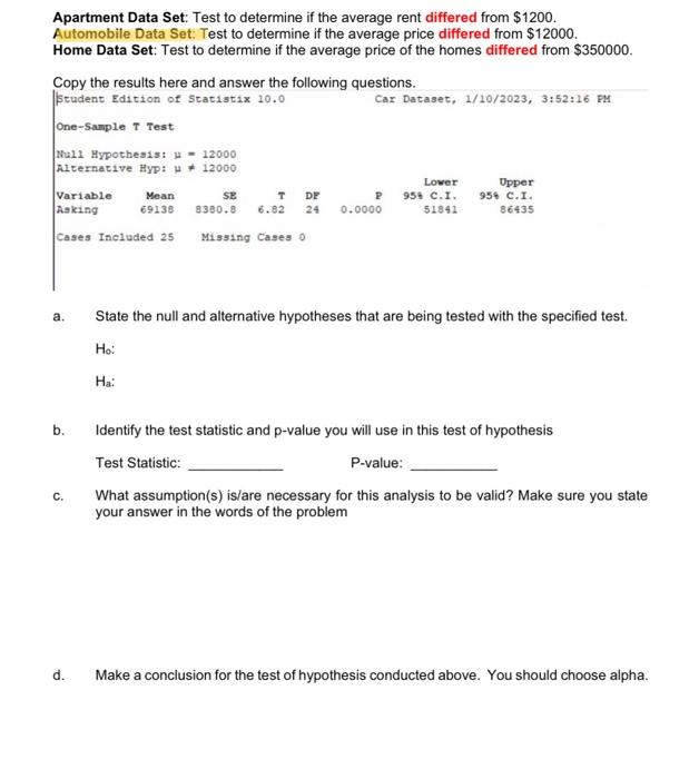 Solved Apartment Data Set: Test to determine if the average | Chegg.com