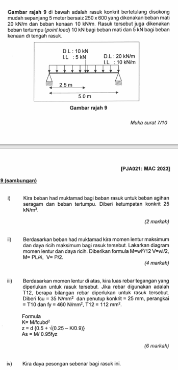 Gambar rajah 9 ﻿di bawah adalah rasuk konkrit | Chegg.com