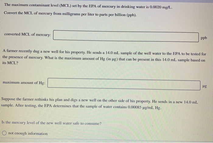 Solved The maximum contaminant level (MCL) set by the EPA of | Chegg.com