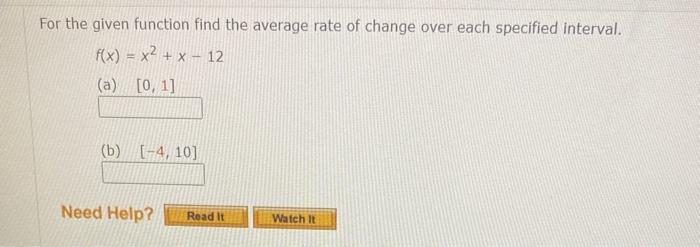 Solved For the given function find the average rate of | Chegg.com
