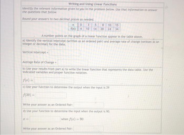 Solved Writing and Using Linear Functions Identify the | Chegg.com