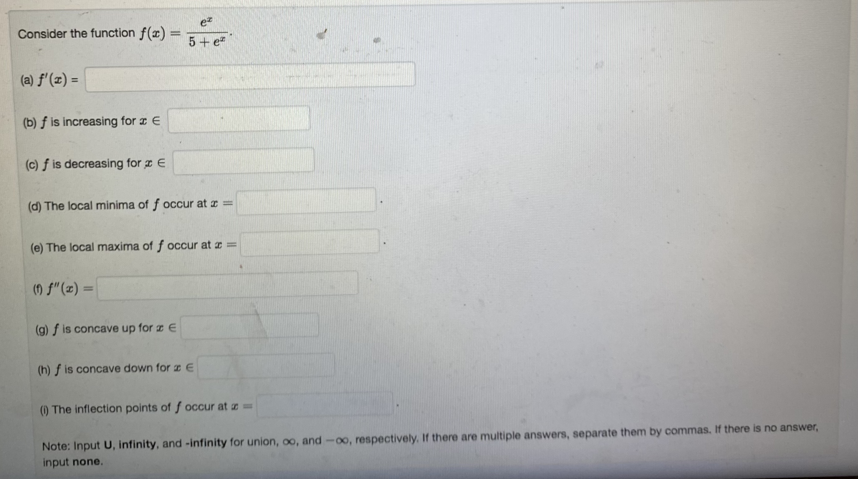 Solved Consider the function f(x)=ex5+ex(a) f'(x) ﻿:(b) f | Chegg.com
