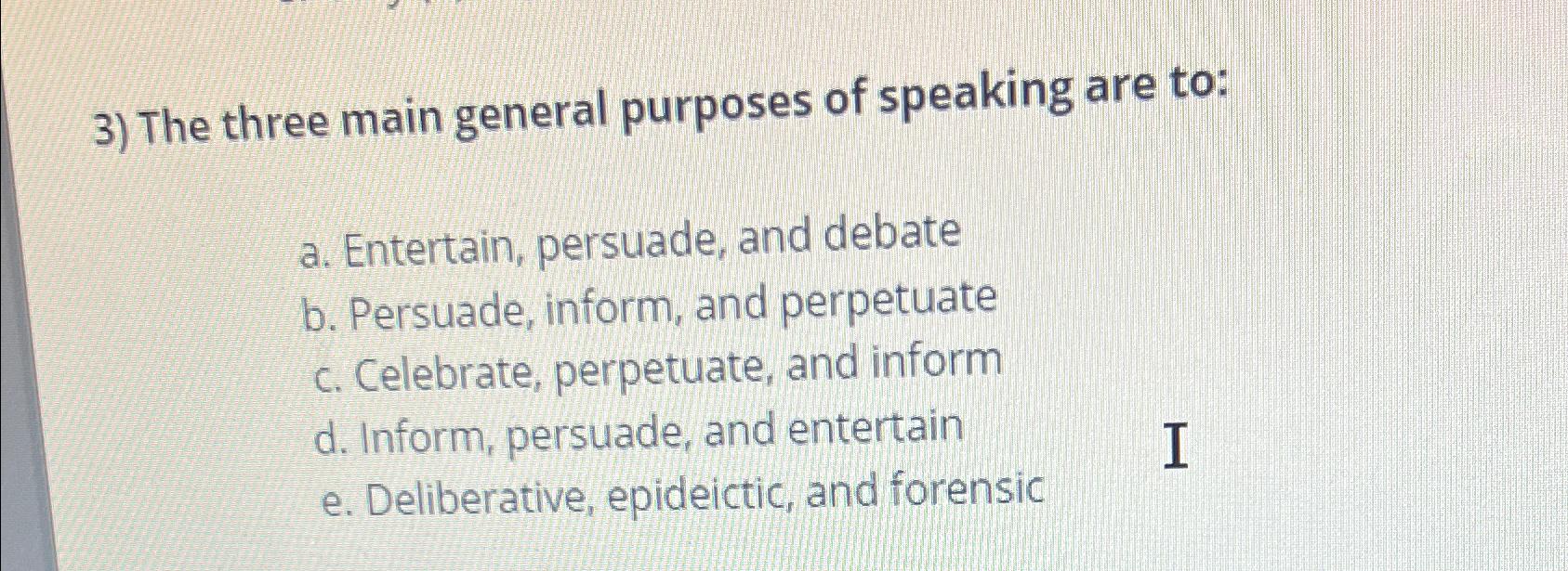 Solved The three main general purposes of speaking are to:a. | Chegg.com