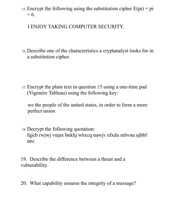 15. Encrypt the following using the substitution | Chegg.com