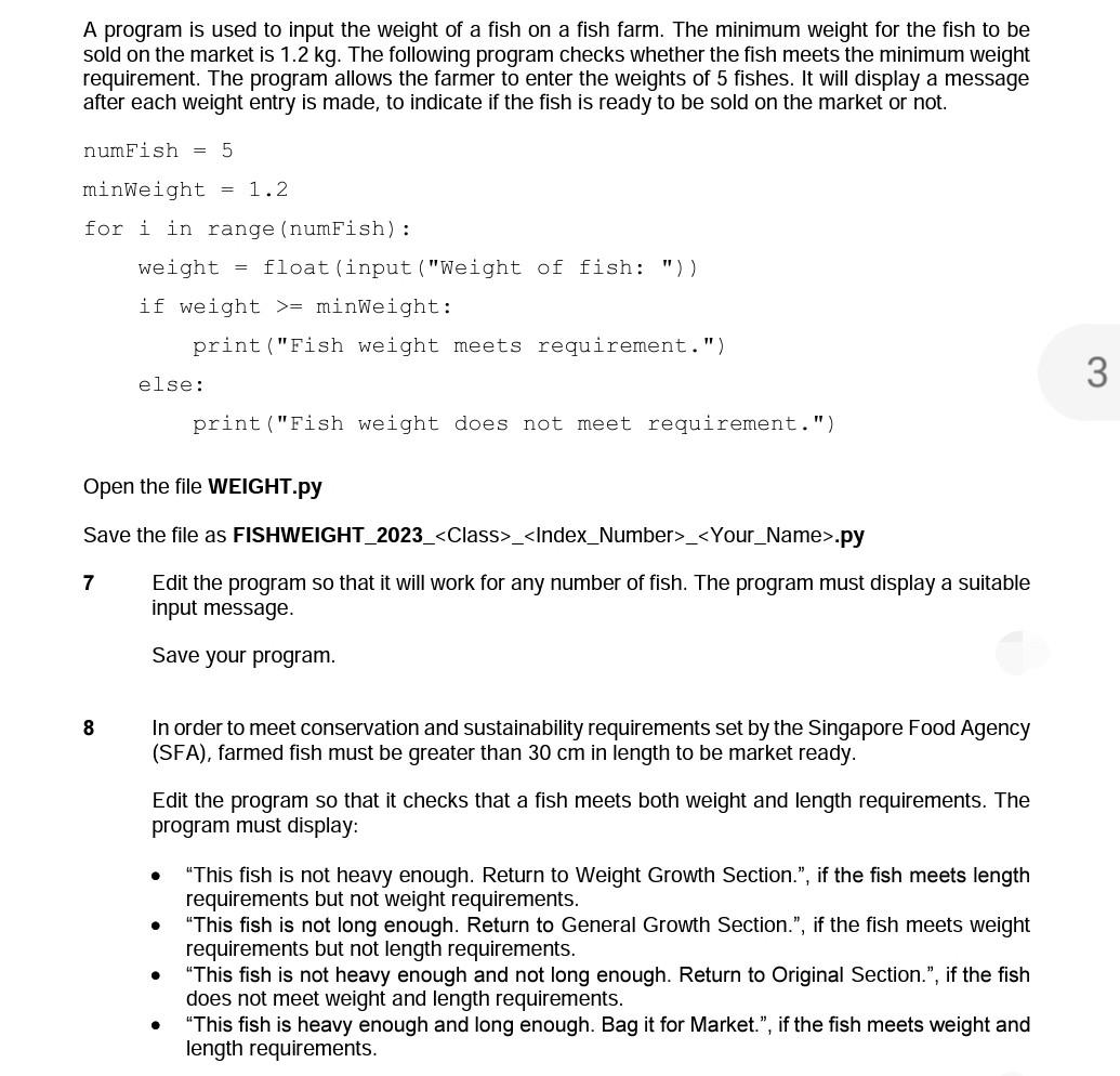Solved A program is used to input the weight of a fish on a | Chegg.com