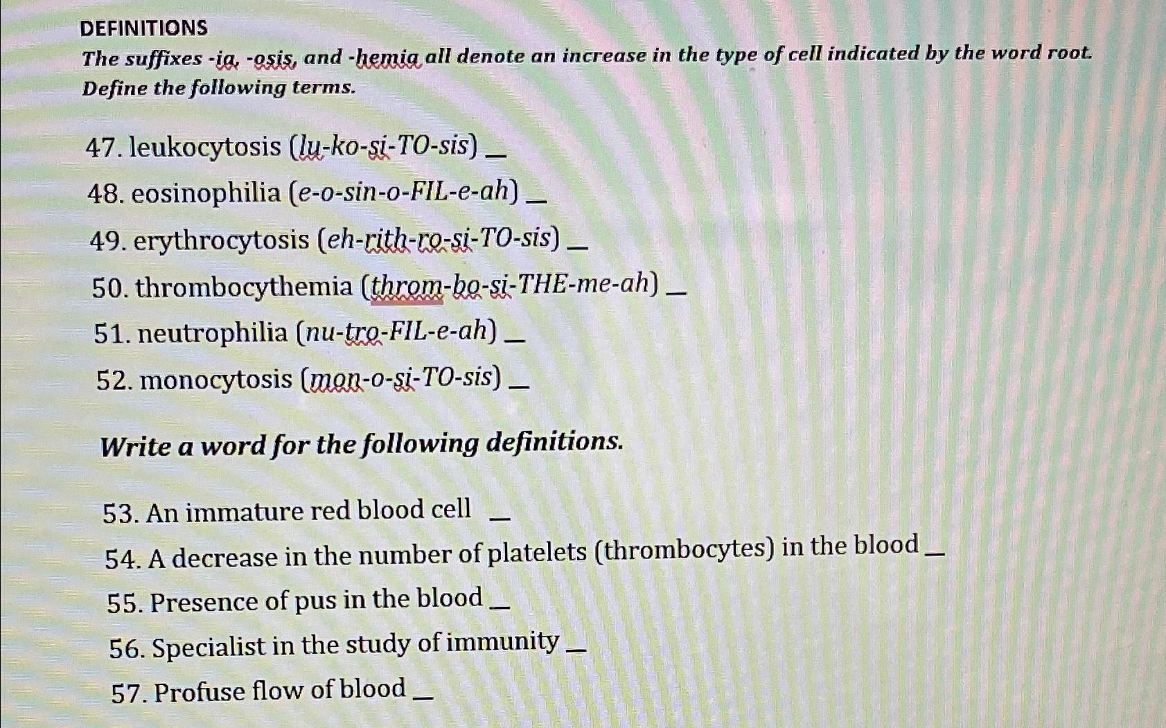 Solved DEFINITIONSThe suffixes -ia, -osis, and -hemia all | Chegg.com
