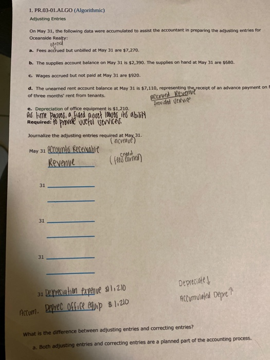 Solved 1. PR.03-01.ALGO (Algorithmic) Adjusting Entries On | Chegg.com