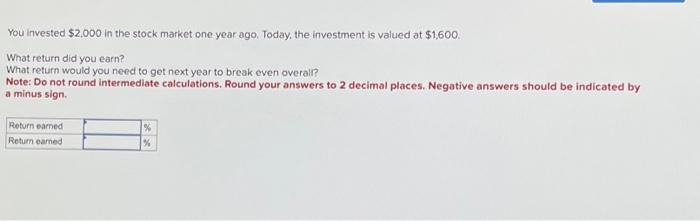 Solved You invested $2,000 in the stock market one year ago. | Chegg.com