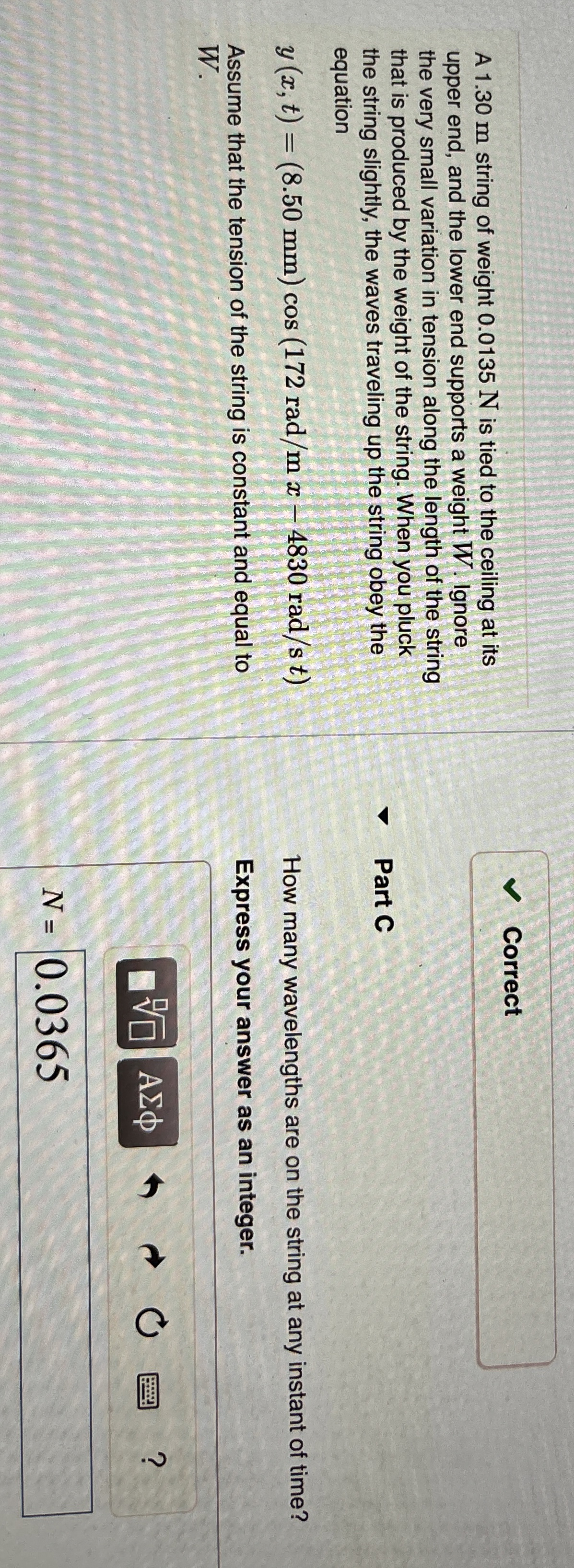 Solved A 1.30 ﻿m string of weight 0.0135 ﻿N is tied to the | Chegg.com