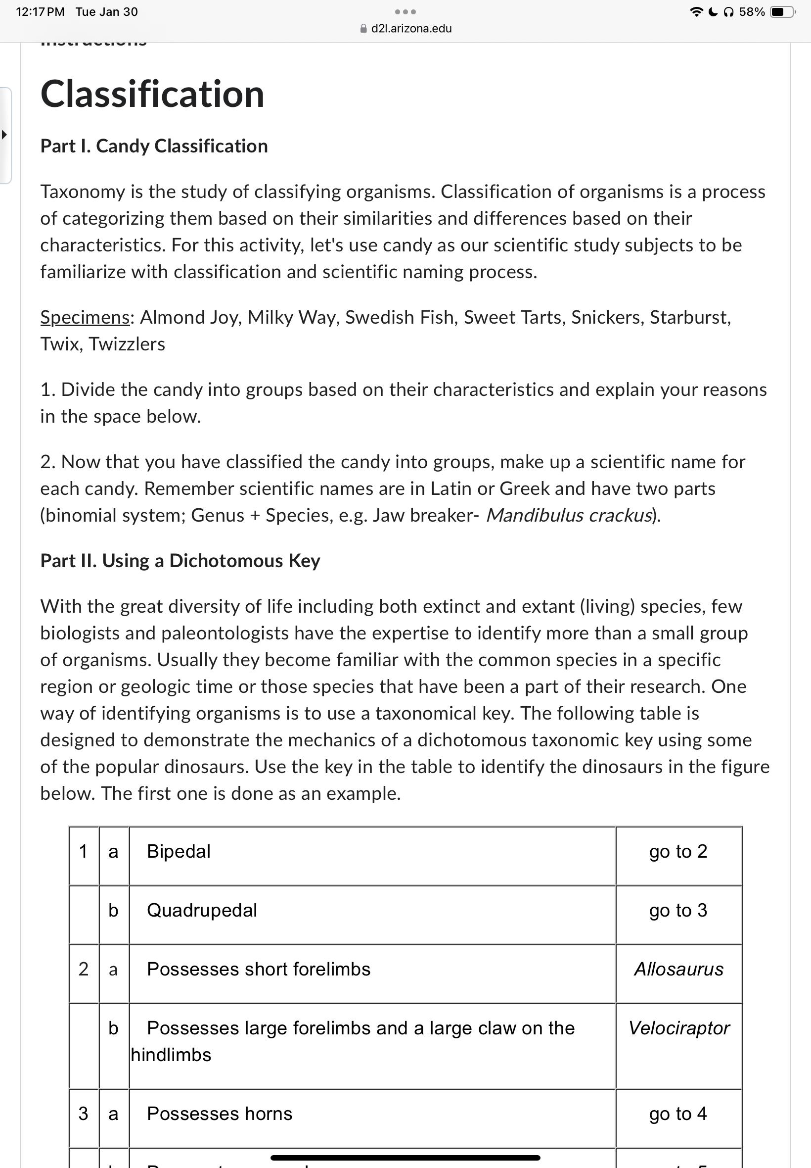 Solved 12:17 ﻿PM Tue Jan 30d2l.arizona.eduClassificationPart | Chegg.com