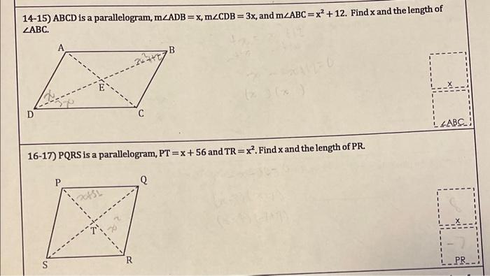 Solved 14-15) ABCD is a parallelogram, m∠ADB=x,m∠CDB=3x, and | Chegg.com