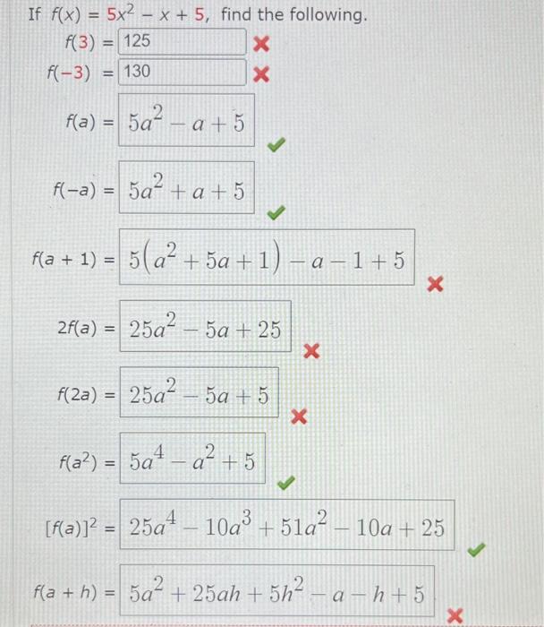 Solved If f(x)=5x2−x+5, find the following. | Chegg.com