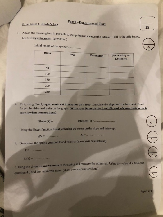 Solved Part I-Experimental Part Experiment 1: Hooke's Law | Chegg.com