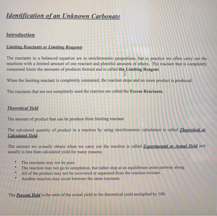 Solved Identification of an Unknown Carbonate Introduction | Chegg.com