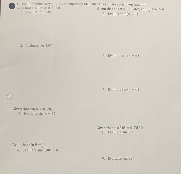 Solved Use the Supplementary and Complementary Identities to | Chegg.com
