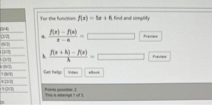 Solved For the function: f(x)=5x+6, a. x−af(x)−f(a)= b. | Chegg.com