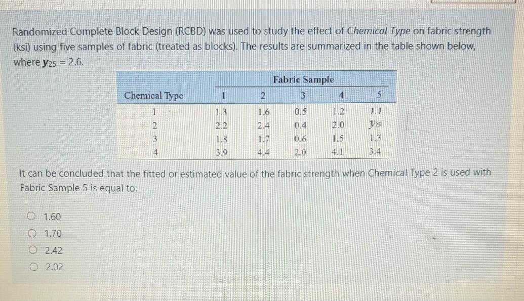 Randomized Complete Block Design (RCBD) was used to | Chegg.com