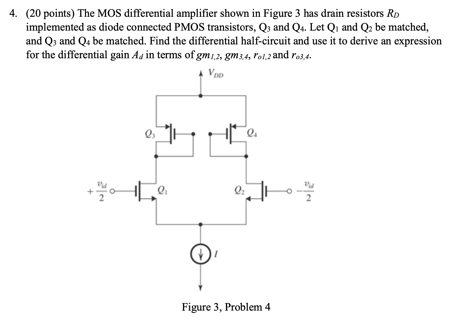Solved (20 ﻿points) ﻿The MOS differential amplifier shown in | Chegg.com