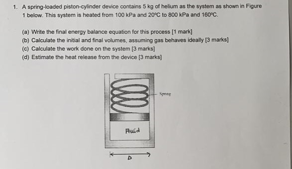 Solved 1. A spring-loaded piston-cylinder device contains 5 | Chegg.com