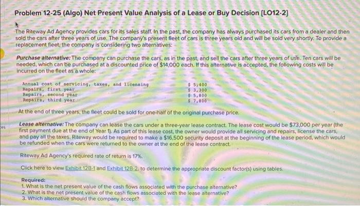 Solved Problem 12-25 (Algo) Net Present Value Analysis of a | Chegg.com