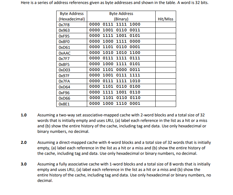 Solved Here is a series of address references given as byte | Chegg.com