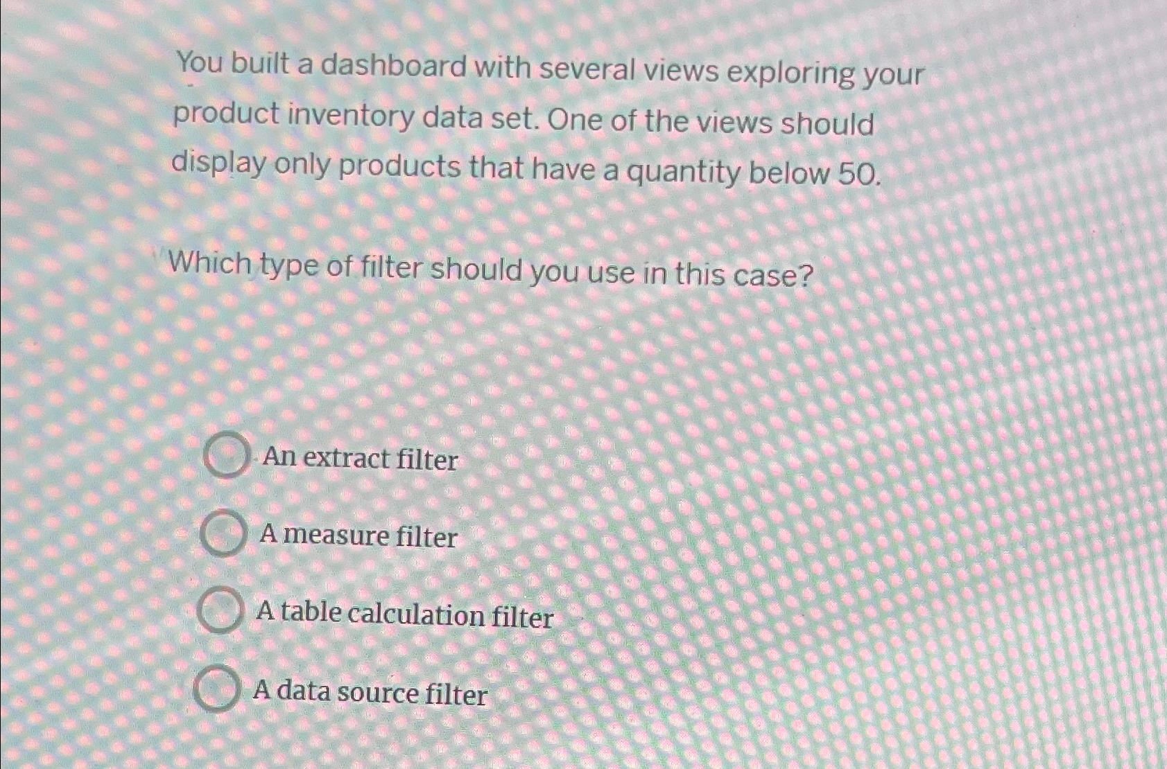Solved You built a dashboard with several views exploring | Chegg.com