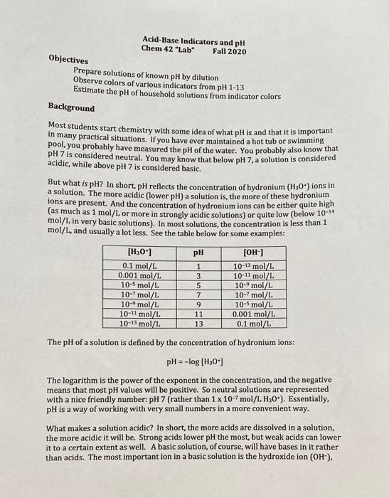 Solved Acid-Base Indicators and pH Chem 42 "Lab Fall 2020 | Chegg.com