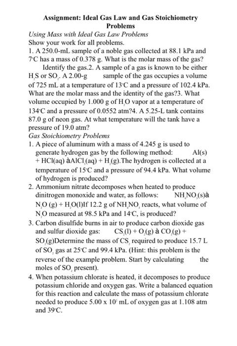 Solved Assignment: Ideal Gas Law and Gas Stoichiometry | Chegg.com