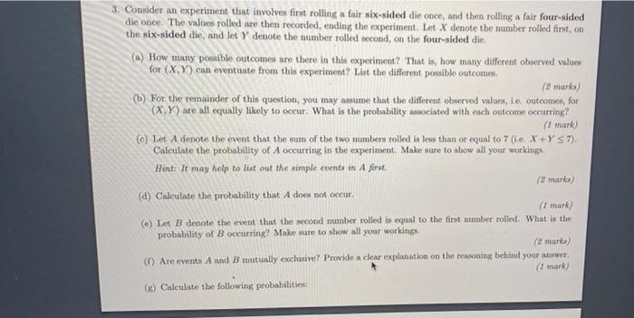 Solved 3. Consider in experiment that involves first rolling | Chegg.com