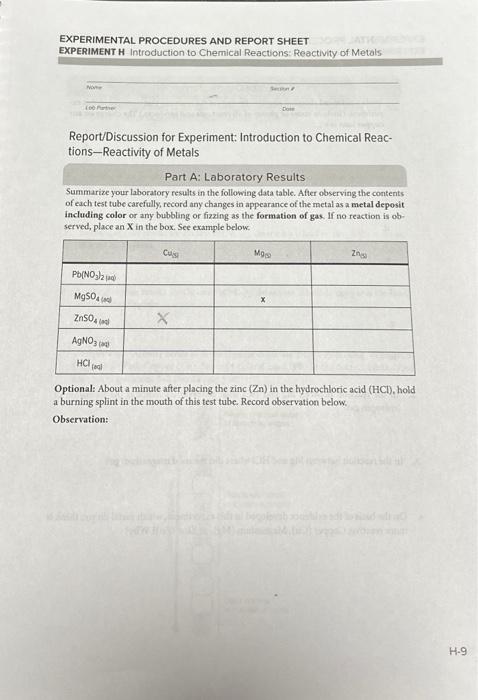 Solved EXPERIMENTAL PROCEDURES AND REPORT SHEET EXPERIMENT H | Chegg.com