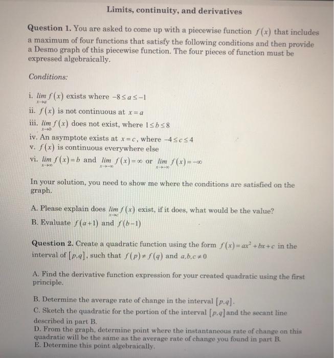 Solved Limits, continuity, and derivatives Question 1. You | Chegg.com