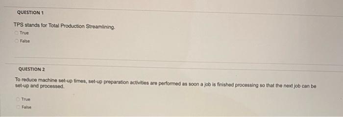 Solved TPS stands for Total Production Streamlining. True | Chegg.com