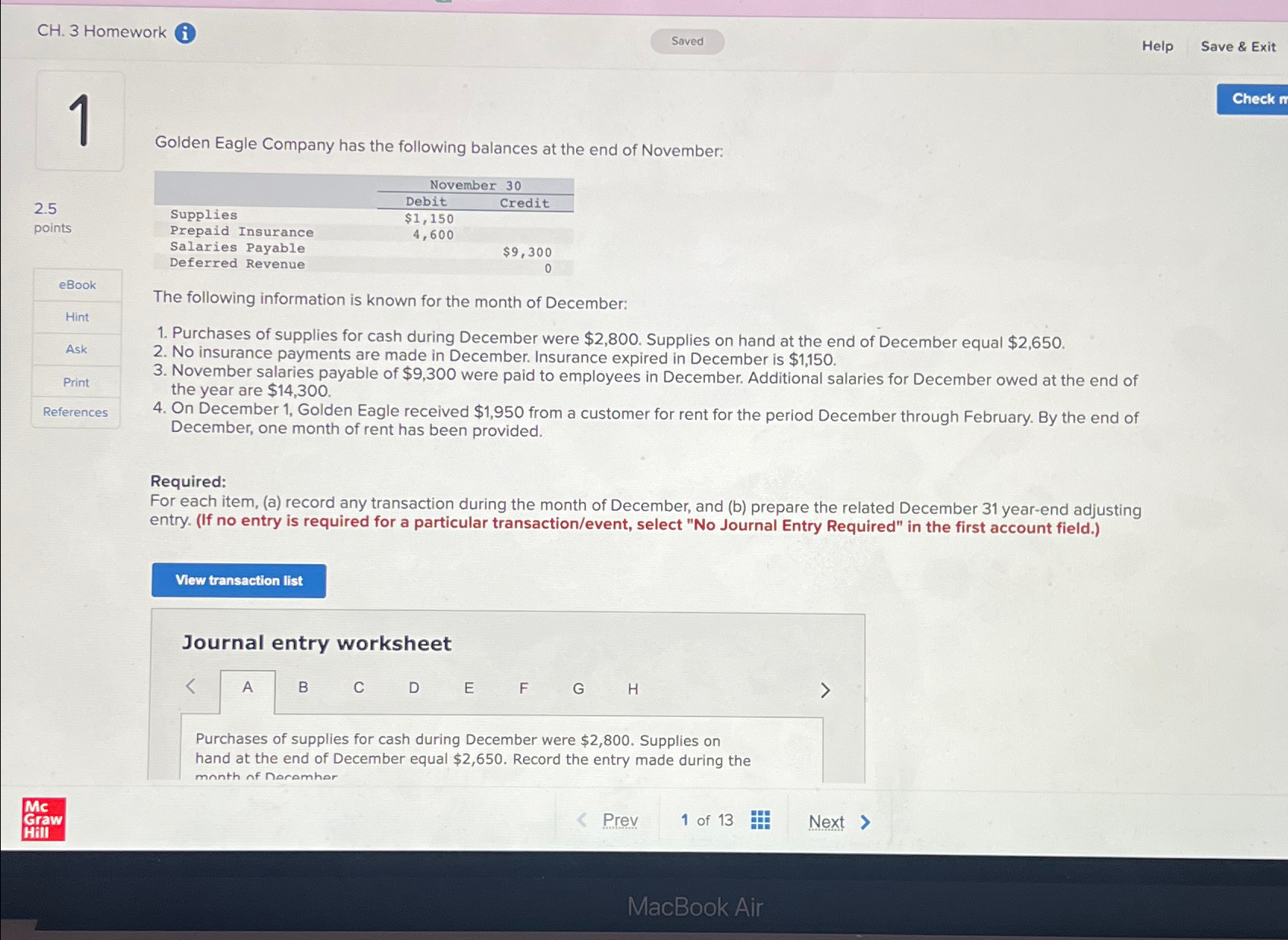 CH. 3 Homework (i)\\nSaved\\nHelp\\nSave & | Chegg.com CH. 3 Homework (i)\\nSaved\\nHelp\\nSave & | Chegg.com