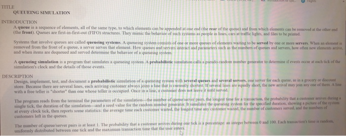 S ight TITLE QUEUEING SIMULATION INTRODUCTION A queue | Chegg.com